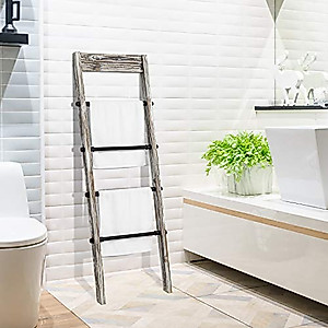 MyGift Solid Torched Wood Wall Leaning Blanket Ladder Quilt Rack, Farmhouse Bathroom Storage Towel Ladder Holder with Industrial Black Metal Pipe Rung