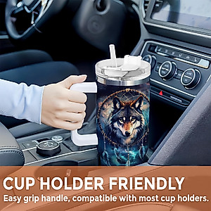 Foxcorner Personalized Wolf Tumbler 40oz with Handle & Straw - Great Wolf Dreamcatcher Gifts - Animal Lover Gifts for Men Women on Birthday Christmas - Custom Name Stainless Steel Travel Coffee Cup
