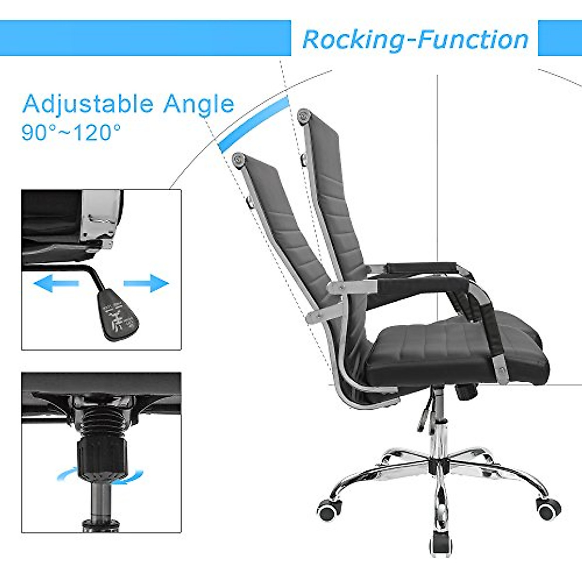 Furmax Ribbed Office Desk Chair Mid-Back PU Leather Executive Conference Task Chair Adjustable Swivel Chair with Arms (Black)