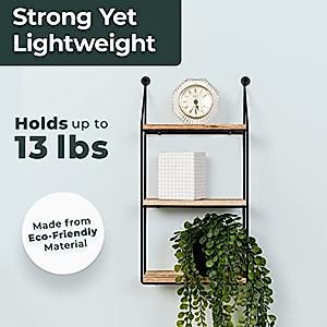 Greenco Geometric 3 Tier Mounted Floating Shelves, Home Decor, Metal Wire and Rustic Wood Wall Storage Shelves for Bedroom, Living Room, Bathroom, Kitchen, Office, Natural Finish