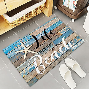 2 Pieces Kitchen Rug Mat Set Absorbent Soft Runner Carpets Ocean Coastal Starfish Beach Retro Wood Grain Life Is Better At The Beach Non Slip Doormat Floor Mats Throw Runner Rug for Living Room