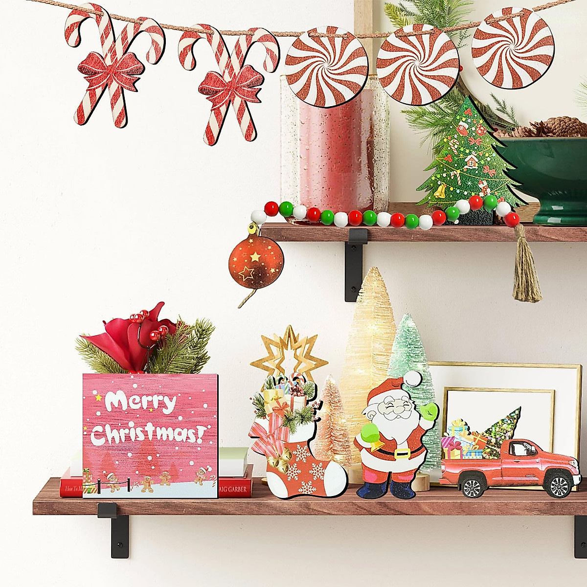 iNextstation 10 Pieces Farmhouse Tiered Tray Decor Set Dog Wooden Signs Rustic Farmhouse Decor Summer Hierarchical Tray Decorative with String Lights Tiered Tray Decorations for Home Kitchen Table