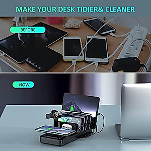 Getop Updated 8 in 1 Wireless Charging Station for Multiple Devices, Charging Dock with AirPods iWatch Charger Stand, 10W Wireless Charger and 9 Short Mixed Cables for iPhone/iPad/Tablets-Matt Black