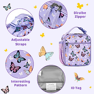 Choco Mocha Girls Lunch Box for School, Butterfly Lunch Bag for Kids, Purple