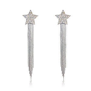 T-ztoss Zirconia Crystal Statement Tassel Dangle Earrings Silver Tone Rhinestone Dangling Chain Tassel Dangle Earring for Women(Star tassel earrings)