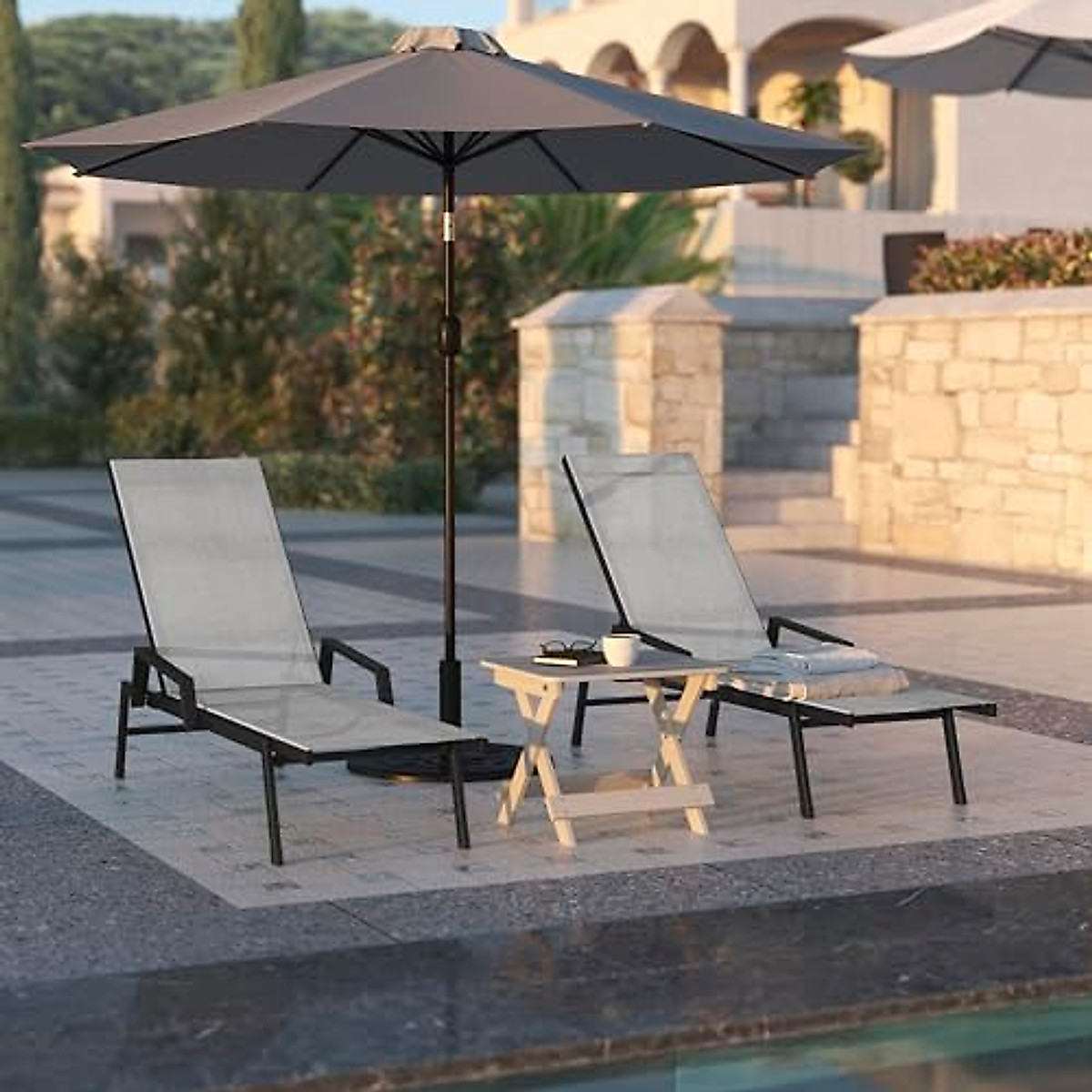 Flash Furniture Brazos Adjustable Chaise Lounge Chair with Arms, All-Weather Outdoor Five-Position Recliner, Black/Gray