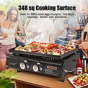 QuliMetal Flat Top Grill Non-Stick Griddle Portable Griddle Table Top Griddle Propane Grill with Carry Bag 22 Inch,348 Sq,24,000BTU,304 Stainless Steel Burner,Ceramic Coating for Outdoor Camping Party Tailgating