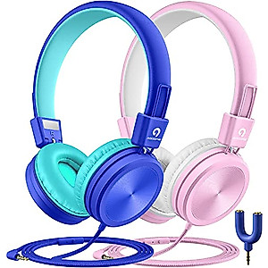 ADOOPE [2PACK Kids Headphones with Microphones 91dB Volume Limit Designed for Kids Boys and Girls, Wired Kids Headset with Share Splitter, HD Sounds on-Ear Headphones for Tablets, iPad, Fire Tablet