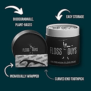 Floss Guys Premium Unflavored Compostable Floss Picks | Individually Wrapped | Biodegradable Plant-Based Flossers | Vegan | BPA Free |, Black, 100 Count (Pack of 1)