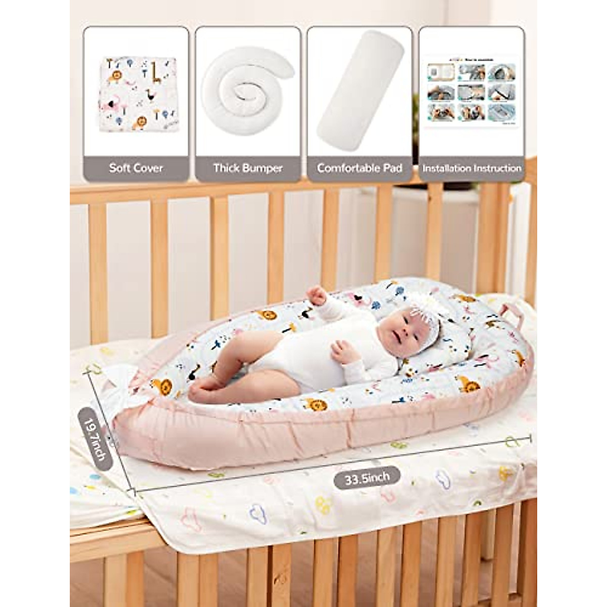 Mestron Baby Nest for 0-12 Months,Baby Lounger Baby Snuggle Infant Bassinet Mattress Insert Soft & Breathable Cotton Portable Infant Floor Seat Co-Sleeping (Elephant)