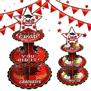 ALIBBON Graduation Cupcake Stand, 3 Tier Round Cardboard Cake Stand Tower, Class of 2023 Red Dessert Stand Holder, Graduation Cupcake Serving Tray, Congrats Grad Graduation Party Supplies Decoration