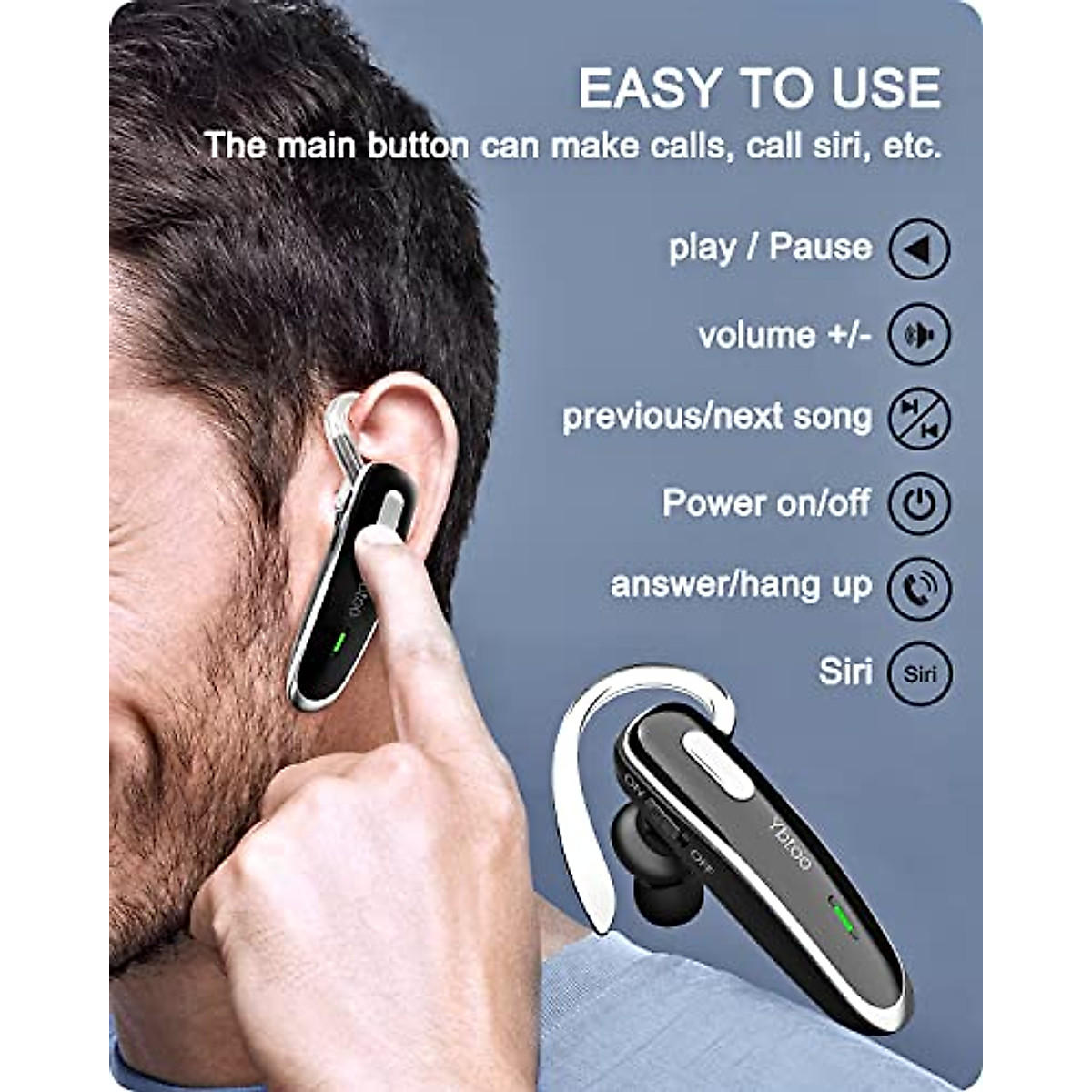 Ybtoo Bluetooth Headset, V5.1 Ultralight Wireless Handsfree Earpiece Cell Phone with Noise Cancellation Microphone for iPhone Android Samsung Laptop Trucker Driver