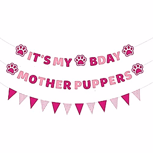 Vicycaty Puppy Dog Birthday Banner, Mother Puppers, It's My Bday, Pink Pennants, 98.43x16.69 inches Cardboard