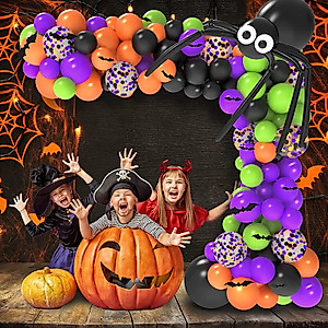 Halloween Balloon Garland Kit with Spider Bat Balloon Black Orange Purple Green Confetti Long Balloons 3D Bat Sticker for Halloween Theme Party Supplies Classroom Background Decorations