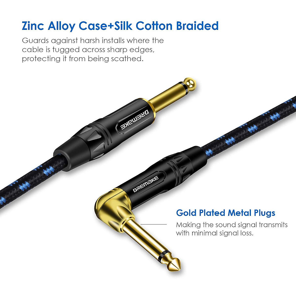 DREMAKE 1/4 Guitar Amp Straight to Right Angel Patch Cord, 10 Feet Quarter Inch Cable Black/Yellow Braided Tweed, Jack 6.35mm 1/4 Inch Guitar Cable for Electric Guitar, Bass, Keyboard to PA Certified