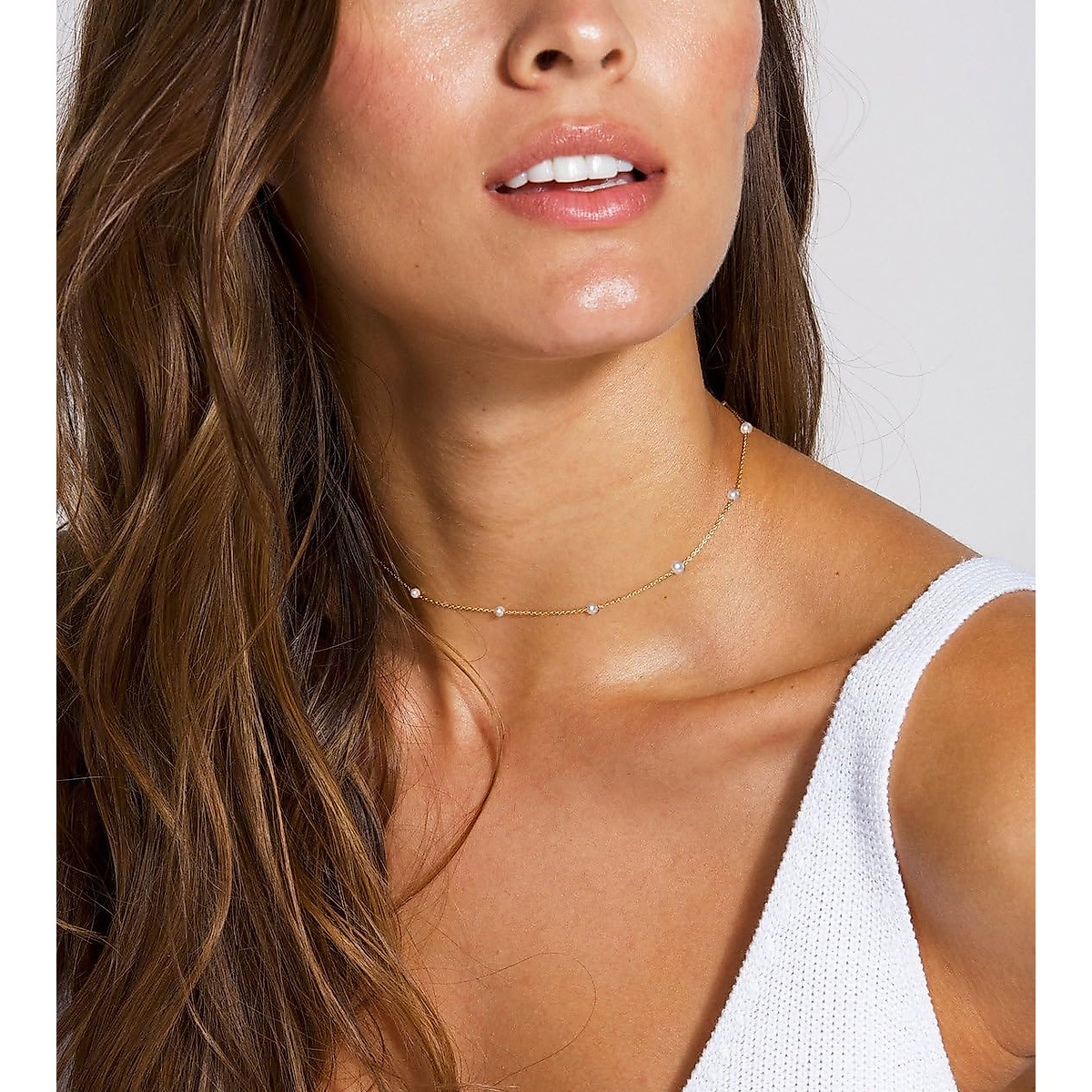 FUNEIA Dainty Pearl Necklace for Women Girls 14K Gold Plated Faux Pearl Choker Necklaces Trendy White Silver Small Pearl Necklace Strand Wedding Prom Bridal Pearls Jewelry 14/16/18/20 Inches