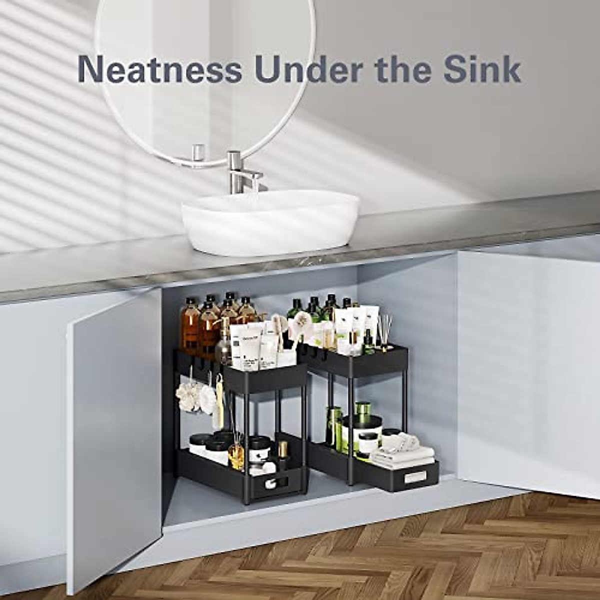 Zarler Under Sink Organizers and Storage 2 Pack, Under Sink Organizer for Bathroom with Slide Drawer, Bathroom Organizer Under Sink, Under Kitchen Sink Organizer, Under Cabinet Organizer