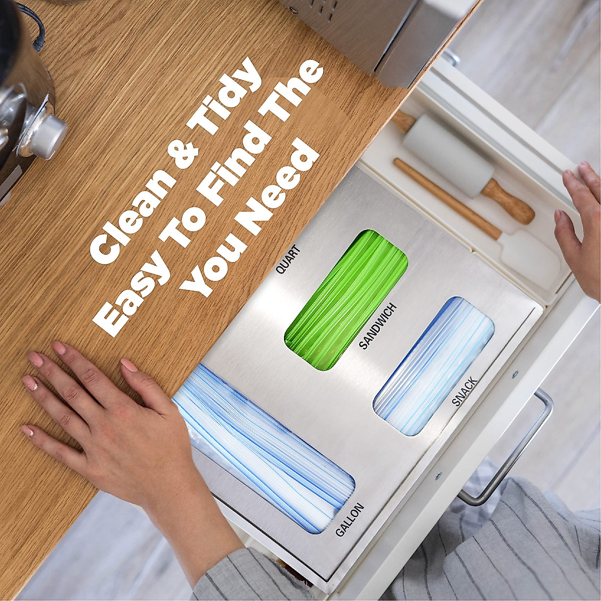 Anywills Ziplock Bag Storage Organizer for Kitchen Drawer, Stainless Steel Ziplock Bag Organizer for Drawer Compatible with Gallon, Quart, Sandwich and Snack Variety Size Bag (1 Box 4 Slots)