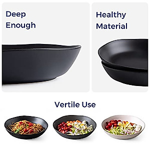 AmorArc 9.75 inch Stoneware Flat Pasta Bowls, 38oz Large Wide Bowls Set of 4 for Kitchen, Microwave Safe Bowls with Wavy Rim for Pasta Salad, Matte Black