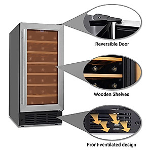 Smad 15 inch Wine Cooler Under Counter, 31 Bottle Built in Wine Fridge with Wood Shelf, Double Reversible Glass Door, Digital Temperature Control, Super Quiet, Stainless Steel, Black