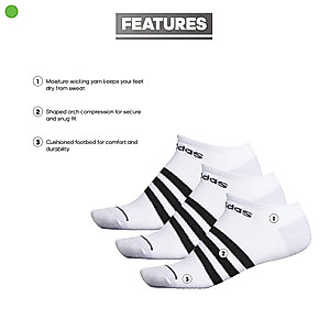 adidas Men's 3-Stripe No Show Socks (3-Pair), White/Black/Clear Onix Grey, Large