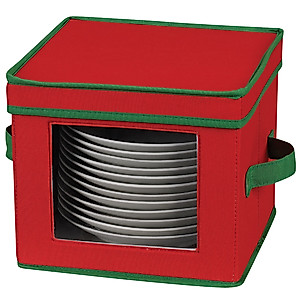 Household Essentials 534RED Holiday China Dinnerware Storage for Salad Plates or Bowls | Removable Lid | Red Canvas with Green Trim