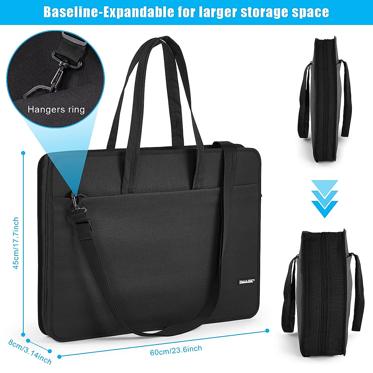 Art Portfolio Bag, IMAGE 23.6 in *17.7 in *3.14 in Black Art Carrying Storage Case, Waterproof Drawing board Bag with Shoulder Strap and Hidden Buckle for Artwork, Sketching and Drawing