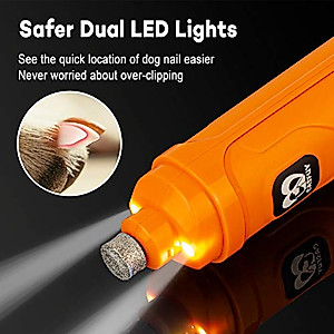 Casfuy Dog Nail Grinder with 2 LED Light - New Version 2-Speed Powerful Electric Pet Nail Trimmer Professional Quiet Painless Paws Grooming & Smoothing for Small Medium Large Dogs and Cats (Orange)