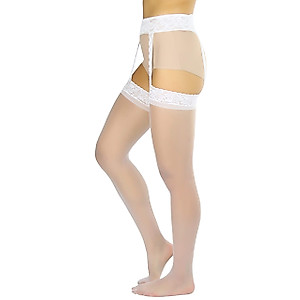 ToBeInStyle Women's All-in-1 Lace Garter Belt Sheer Backseam Stockings - White - OS