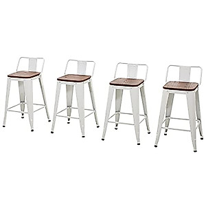 Sophia & William 24 Inch Metal Bar Stools Set of 4 Counter Height Detachable Low Back Bar Stools with Wooden Seat,Indoor/Outdoor Barstools,Creamy White