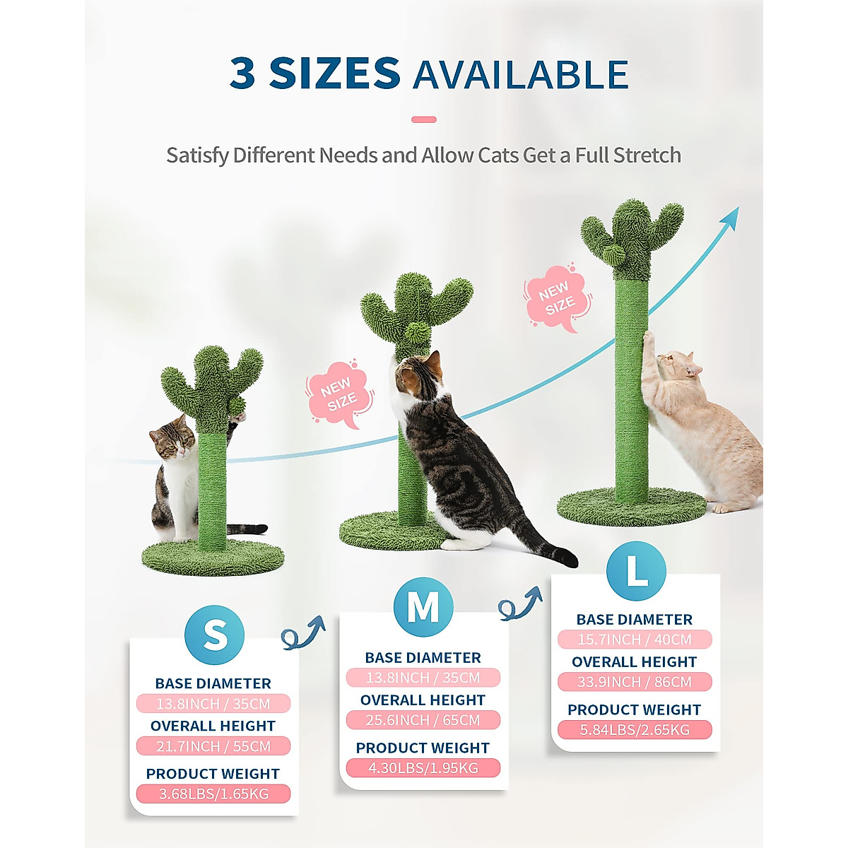 Made4Pets 34" Tall Cat Scratching Post, Cactus Cat Scratcher Kitten Scratching Posts for Indoor Cats Adults Claw Scratch with Sisal Rope, Vertical Green Cat Tree with Dangling Ball for Kitties Large