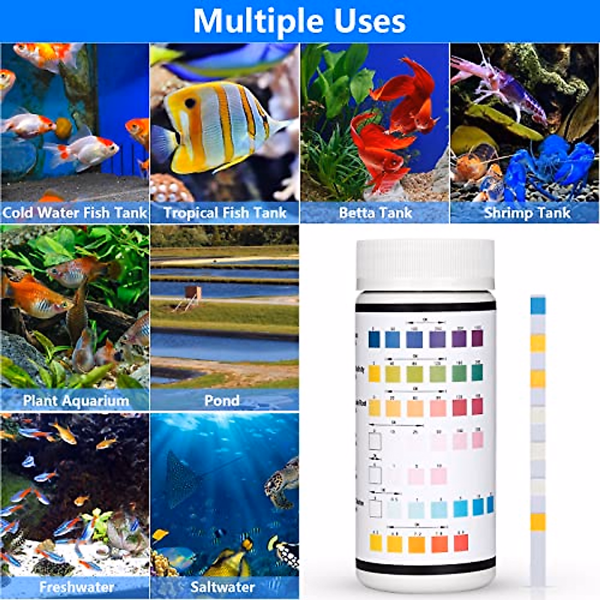 7 in 1 Aquarium Water Testing Strips, 100 Strips Marine Test Kits for Aquariums Pond Betta Fish Tank Freshwater Saltwater, Easy Tester for pH, Chlorine, Alk, Nitrate, Nitrite, Carbonate, Hardness