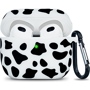 Silicone Cow Airpods 3 Case 2021, YOMPLOW Case Cover for Apple Airpods 3rd Generation Floral Print Soft Flexible Cover for Air Pod 3 Women Girls, Skin with Keychain - Black Cow