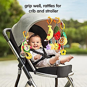 TUMAMA Baby Toys for 3 6 9 12 Months,Hanging Fruit Rattles Avocado,Banana,Orange and Strawberry,Stroller Mobile Toys,Plush Soft Rattles for Boys,Girls Christmas Gifts,4 Pack