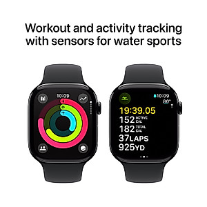 Apple Watch Series 10 [GPS 46mm case] Smartwatch with Jet Black Aluminium Case with Black Sport Band - M/L. Fitness Tracker, ECG App, Always-On Retina Display, Water Resistant