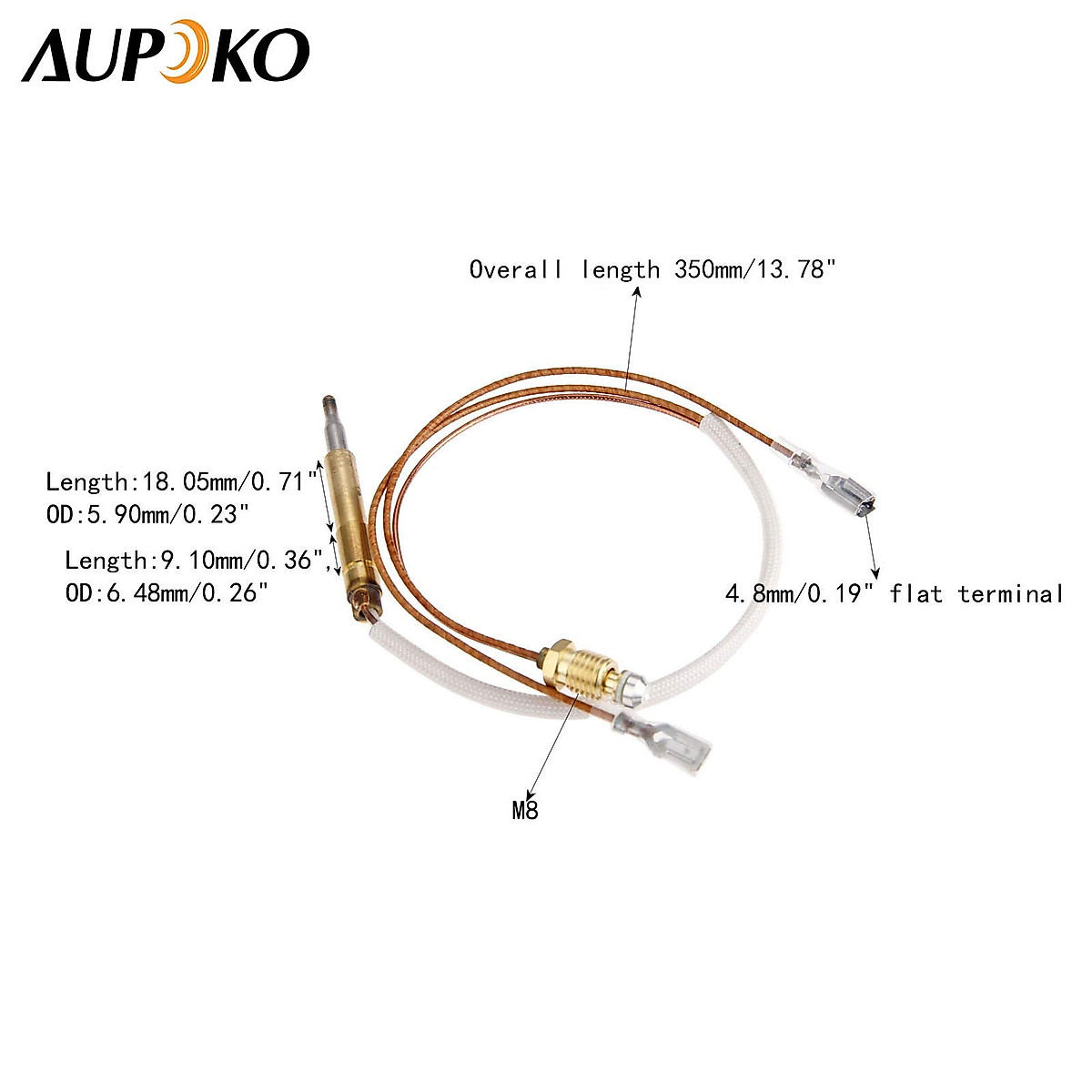 Aupoko Universal Thermocouple Patio Heater Parts, 350 mm Outdoor Heater Replacement Parts M8 x 1 End Connection Nuts Thermocouple 0.4 Meters Length M6 x 0.75 Head Thread 4.8 mm/ 0.19'' Flat Terminal
