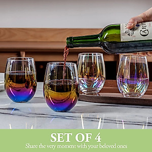 MyGift 18 oz Modern Iridescent Transparent Stemless Wine Glasses, Rainbow Colored Luster Clear Cocktail Beverage Drinking Glass Cups, Set of 4