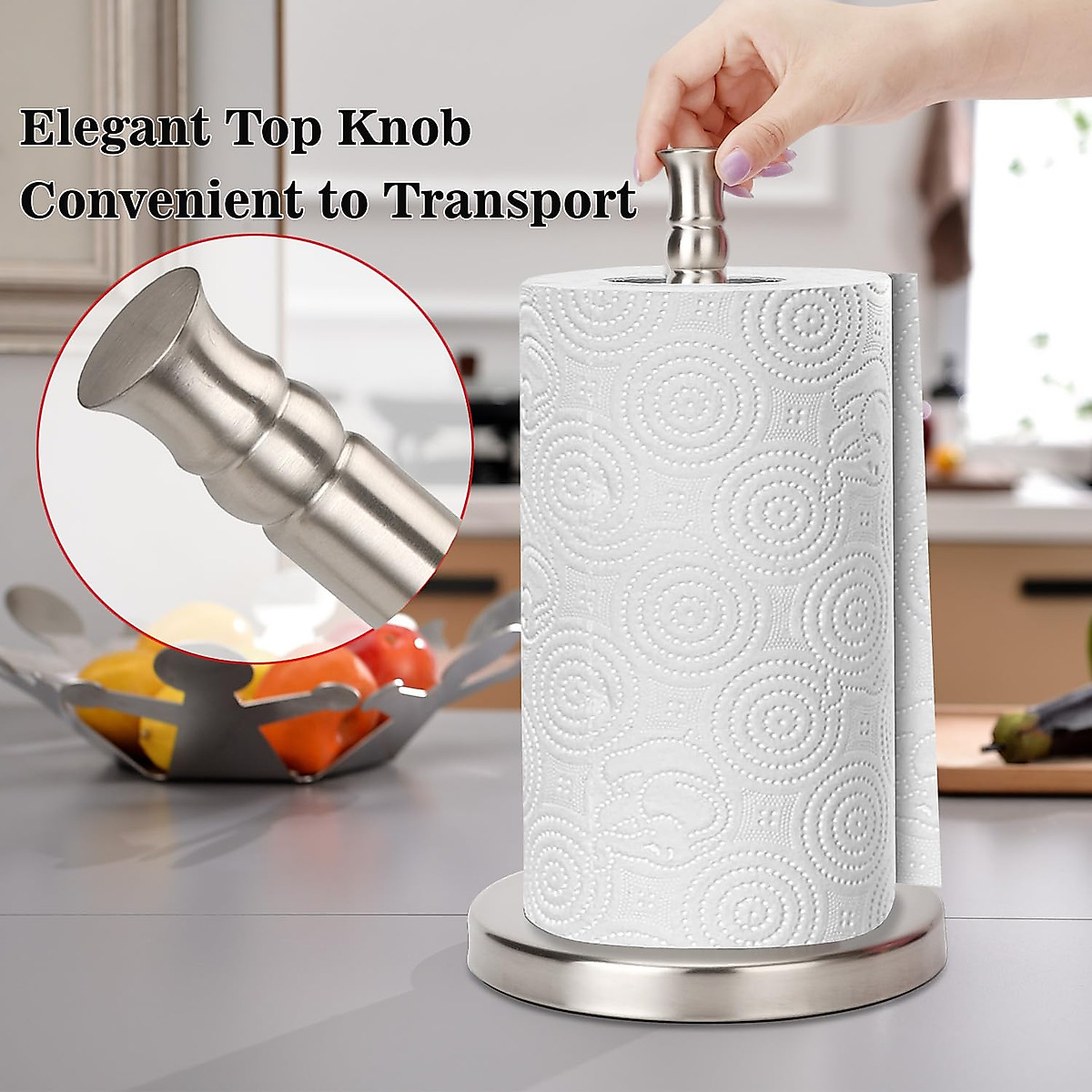 Paper Towel Holder Countertop, Stainless Steel Heavy Base (3LBS in Weight, and 7.5inch in Diameter) , Paper Towel Rack, Ripping Paper Towel Off One-Handed, No Wobbly (Brushed Nickel)