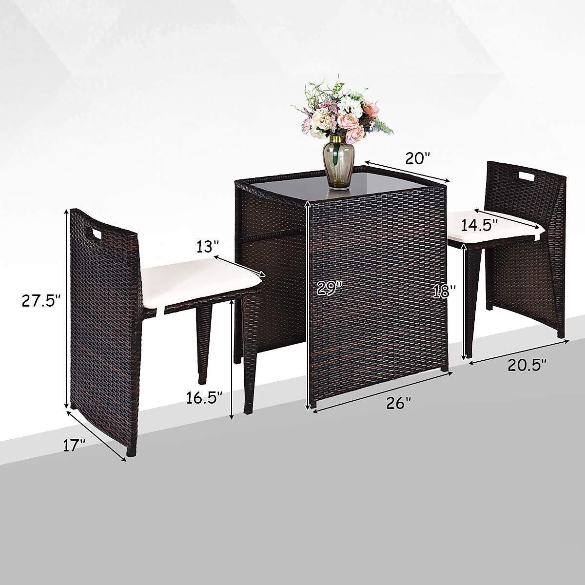 Tangkula 3 Piece Outdoor Rattan Dining Set, No Assembly Patio Bistro Set with Tempered Glass Table, Space Saving Patio Wicker Cushioned Chair Furniture Set for Courtyard, Balcony, Garden (Brown)