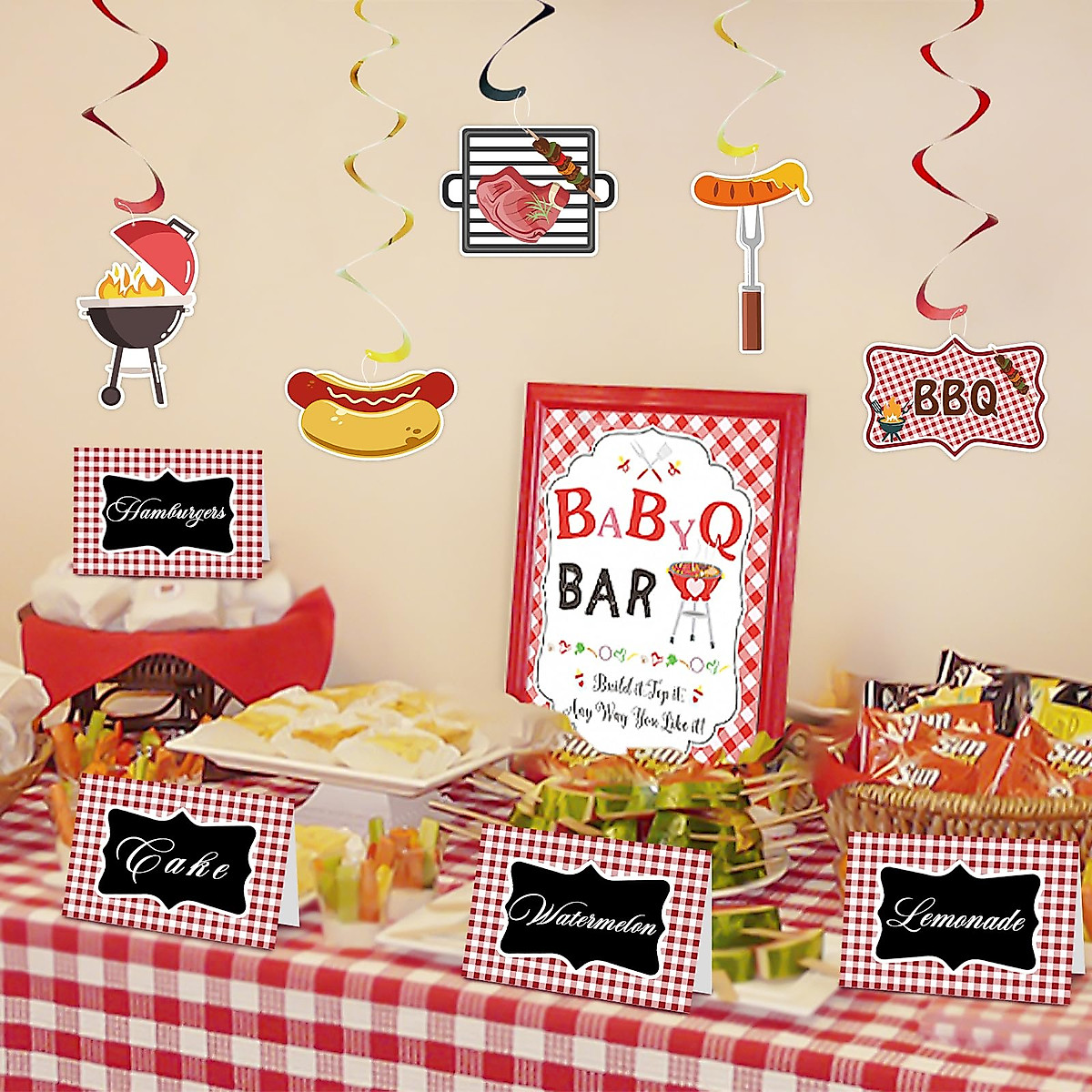 24PCS BBQ Party Decorations Place Cards for Table Setting Red Gingham Tent Cards Plaid Chalkboard Signs with Marker Picnic BBQ Decorations Food Labels for Party Buffet Birthday Baby Shower Party