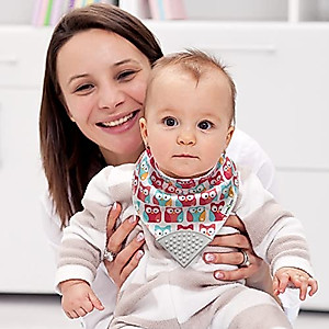 Baby Bibs Bandana Drool Bibs with Teether 4 Pack for Infant, Boys, Girls, Unisex 100% Cotton Drooling Bibs Soft and Absorbent (Colored owl)