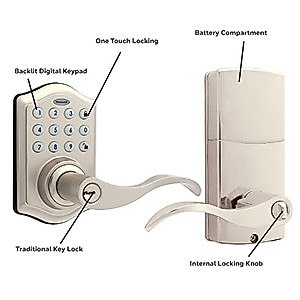 Honeywell Safes & Door Locks - Keyless Entry Lever Door Lock Handle with Electronic Keypad - Easy to Install for Front Door Lock with Code - 50 User Pin Codes - Satin Nickel, 6.5 x 8.8 x 9 in, 8734301
