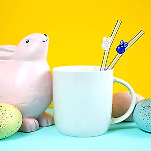 6 Pcs Reusable Glass Straws, Cute Bunny on Clear Straws with Design 7.9 in x 8 mm Colorful Shatter Resistant Bent Drinking Straws with 2 Cleaning Brushes for Beverages, Shakes, Juices, Cocktails
