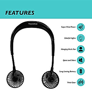 Voglioshop Personal Neck Fan, USB Rechargeable Portable Fan, Cooling Fan Ideal When You Do Any Activity and Wear a Face Mask, 3 Wind Speeds, LED Lights, Accessible Power Buttons, Long Lasting Battery