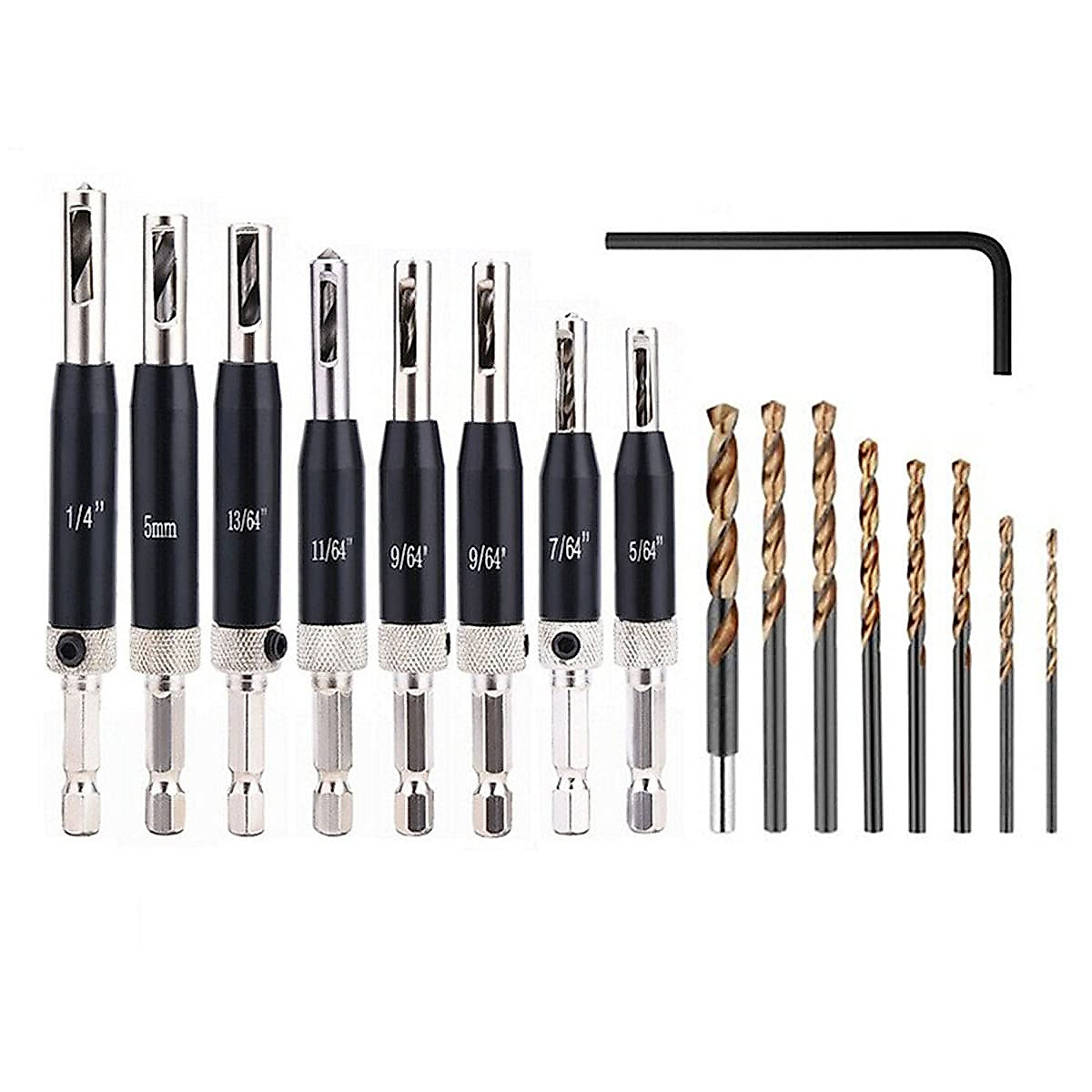 17 PCS Hinge Drill Bit Set, HSS Self Centering Drill Bits High Speed Hinge Tapper Core Drill Bit Set with Hex Key and Replacement Drill Bits for Wood Door Window Cabinet Woodworking