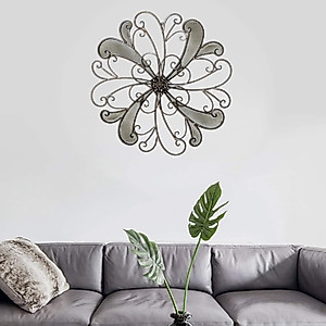 Adeco Rustic Urban Flower Scrolled Design, Metal Wall Hanging Decor For Nature Home Art Decoration & Kitchen Holiday Wall Decorations, Christmas Wall Art Gifts - 25x25 Inches