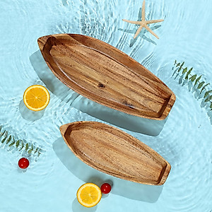 C-Joy Wood Decorative Wooden Tray, Nature Acacia Solid Wood Serving Bowls,for Desserts Fruits Salad or House Ornament, Functional and Collectible Furnishing Articles. (Lucky Boat (2 of Set))