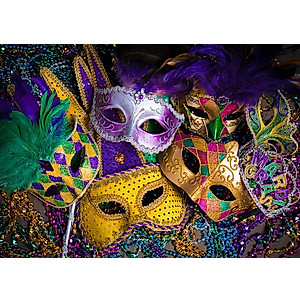Masquerade Backdrops Purple Gold Glitter Beads Mask Carnival Photography Backdrop Vinyl 5x3ft Fiesta Mardi Gras Dance Photo Background Birthday Party Photo Booths Props Decorations Supplies