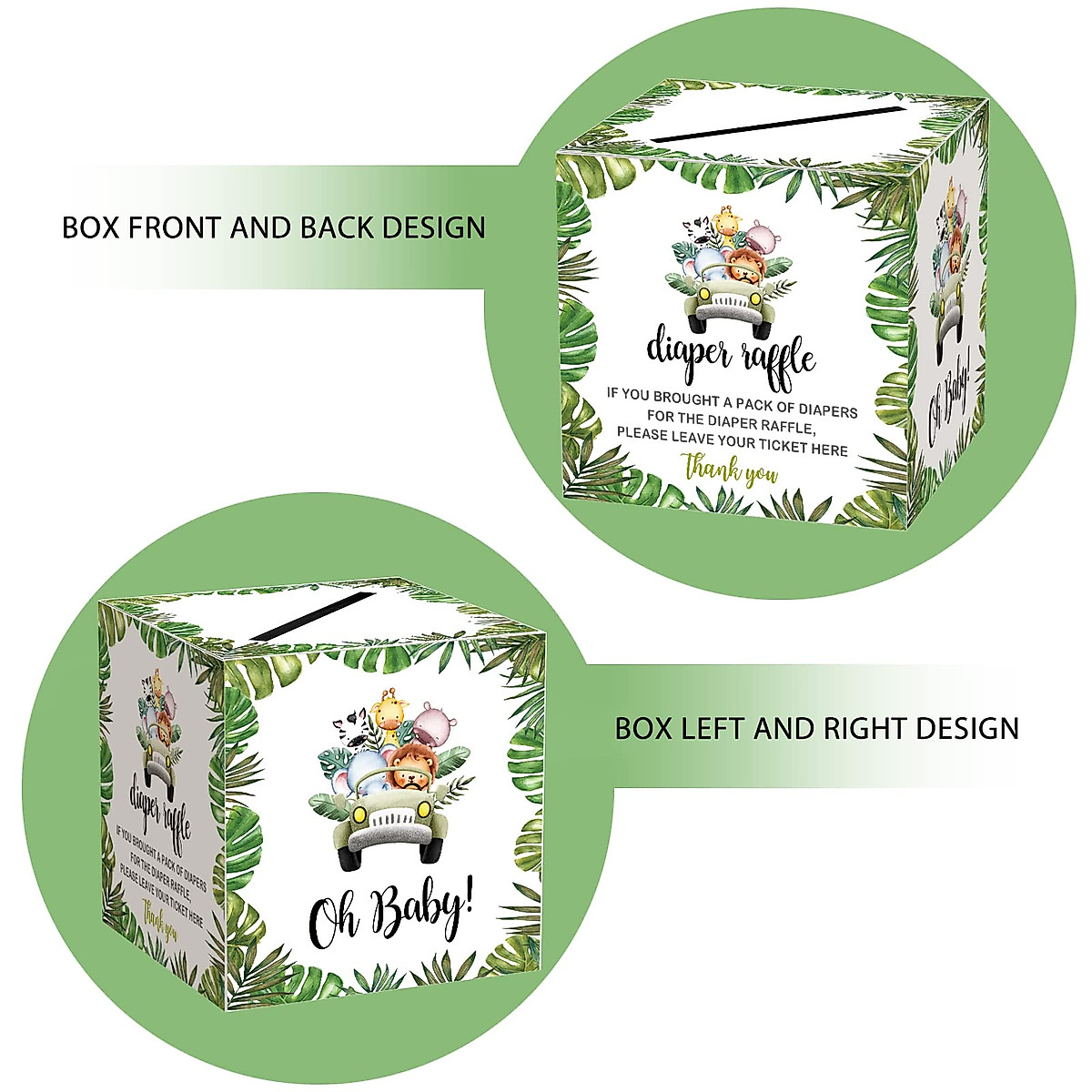 Diaper Raffle Tickets and Advice Cards For Baby Shower - 1 Card Collection Box & 50 Tickets, Jungle Animal Baby Shower Card Box, Party FavorsDecorationsSupplies, Game Kit, 8" Card Box -009BOX
