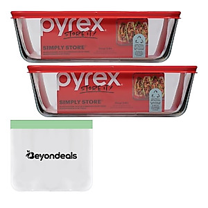 Beyondeals Simply Store 11-Cup Rectangular Glass Food Storage Dish,1.9 Pounds, Bundle Reusable Food Storage Bag -, Leakproof Lids, Kitchen Organization,Glass Storage Dishes [Pack Of 2]